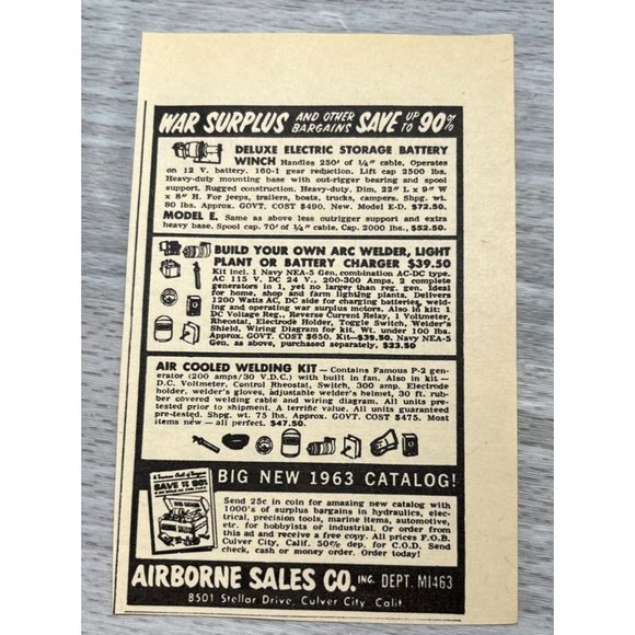 Art | Vintage 1963 Print Ad War Surplus Airborne Sales Co Culver City ...
